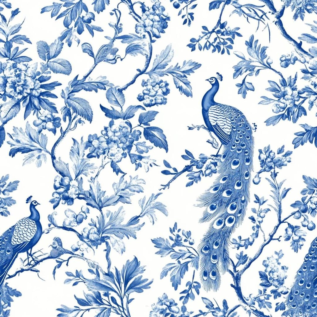 Blue Toile Fabric. French Style Toile Pattern, Leaves & Peacocks ...