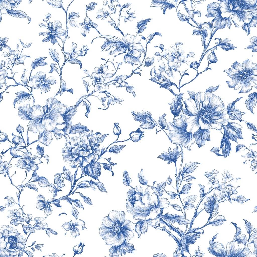 Blue and White French Style Toile Pattern, Leaves & Peacocks, Seamless ...