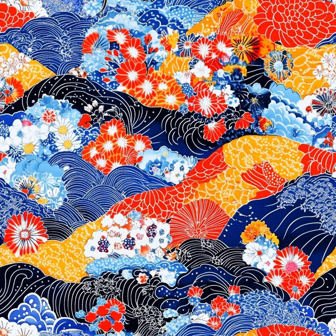 Japanese Red and Blue Kimono Print Pattern - Etsy