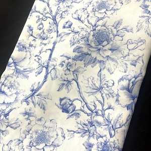 Blue Floral Toile Fabric – Vintage Botanical Pattern on White, Elegant ...