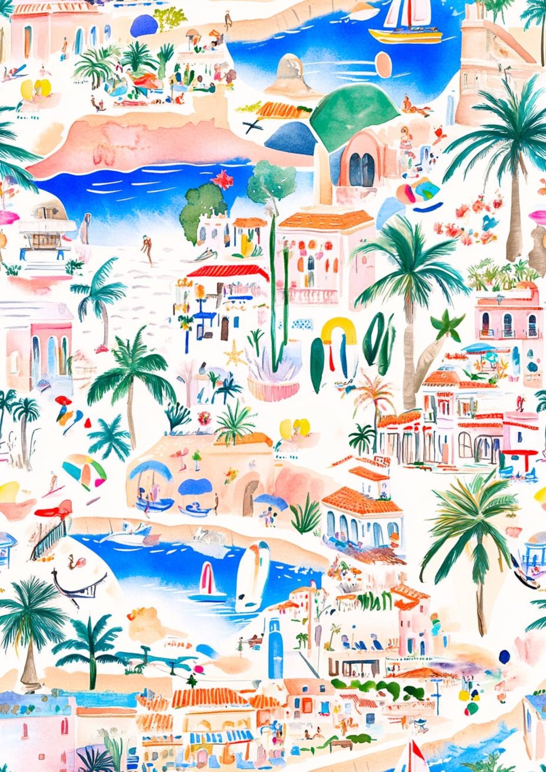 Italian Fabric. Mediterranean Beach Village Fabric – Vibrant Coastal ...