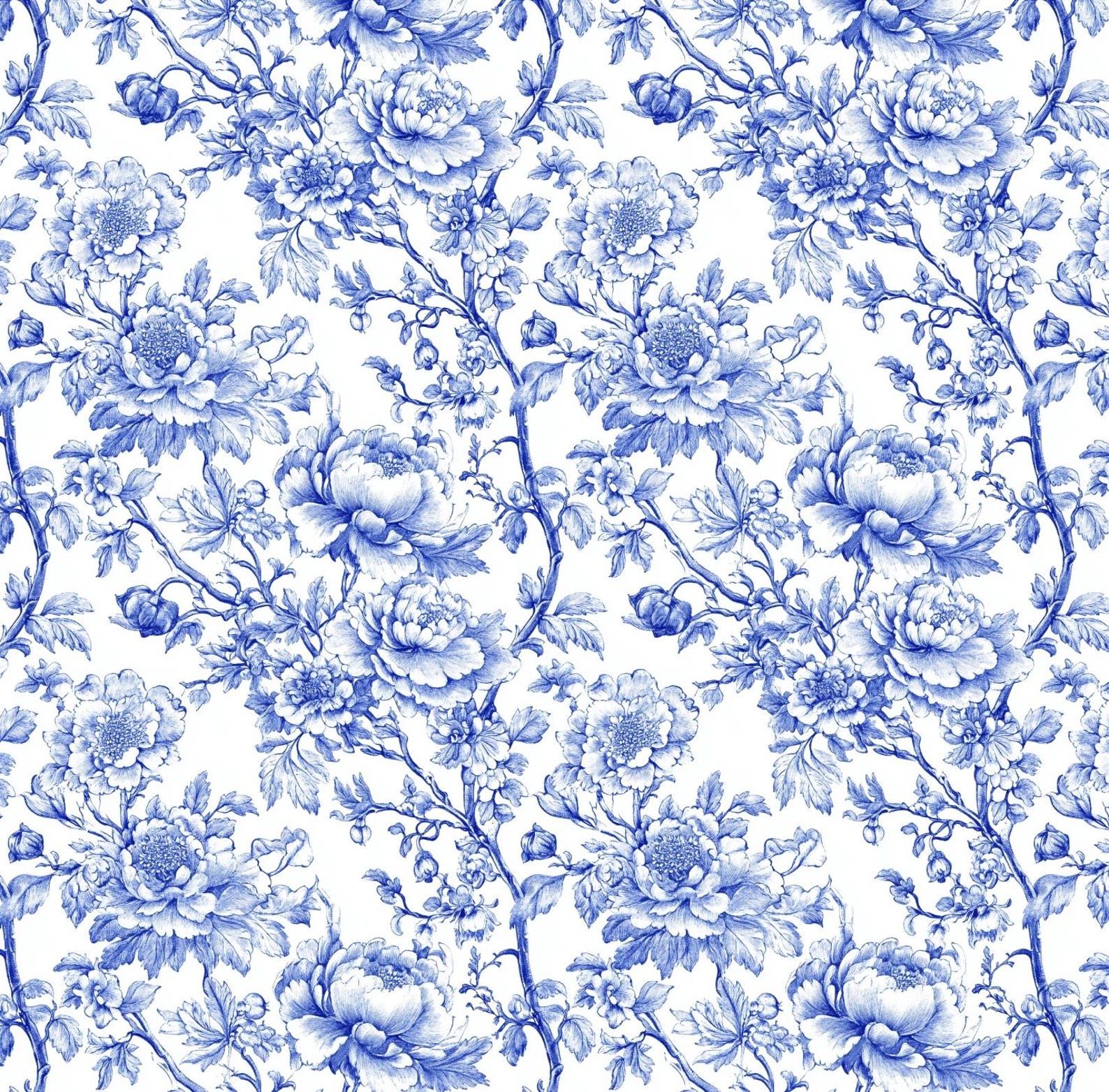 Blue Floral Toile Fabric – Vintage Botanical Pattern on White, Elegant ...