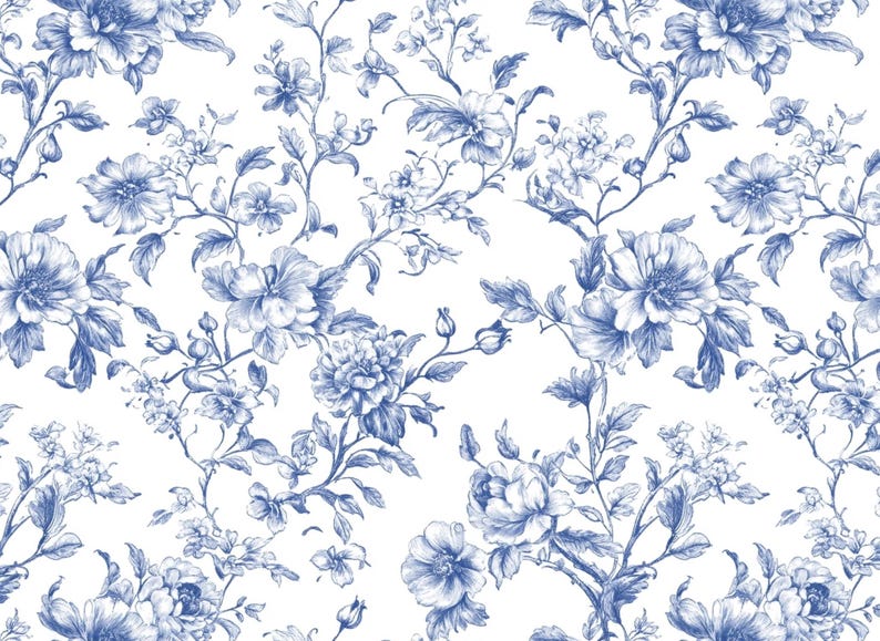 Blue and White French Style Toile Pattern, Leaves & Peacocks, Seamless ...