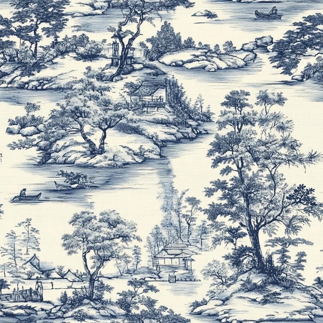 Toile De Jouy Wallpaper Blue Japanese Scene Traditional Vintage Classic ...