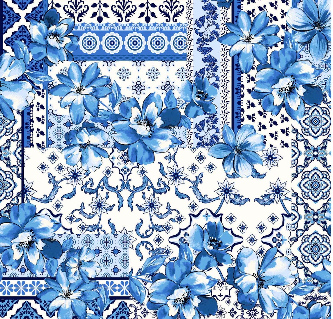 Blue Majolica Fabric, Sicilian Tile Print, Italian Apparel Sewing ...