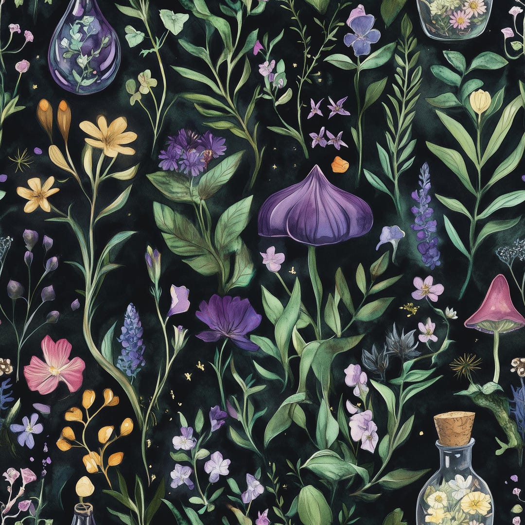 Magical Herbs Fabric. Watercolor Botanical Herb, Wildflower Fabric ...