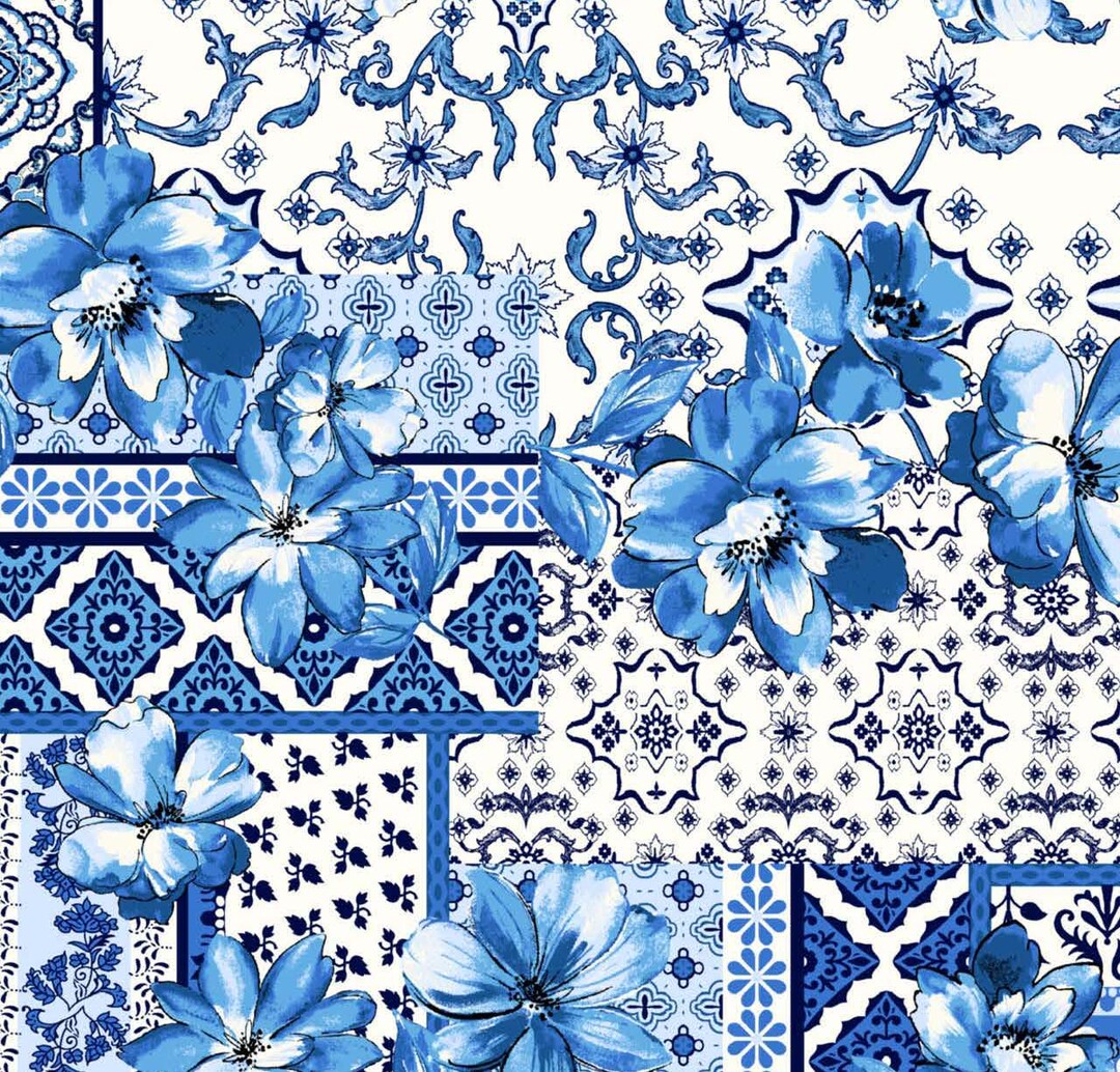 Blue Majolica Fabric, Sicilian Tile Print, Italian Apparel Sewing ...