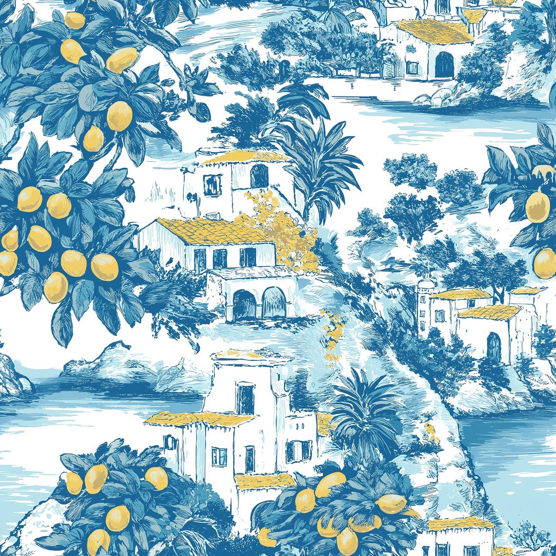 Mediterranean Lemon Grove Fabric – Scenic Coastal Village Pattern With ...