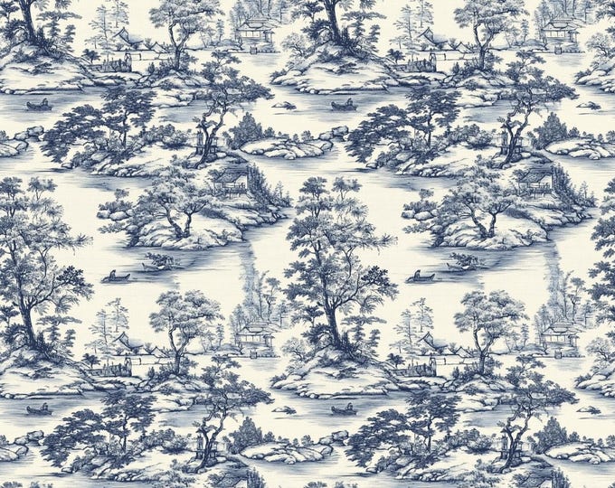 100% LINEN Fabric French Blue Block Print on Oatmeal Natur Linen ...