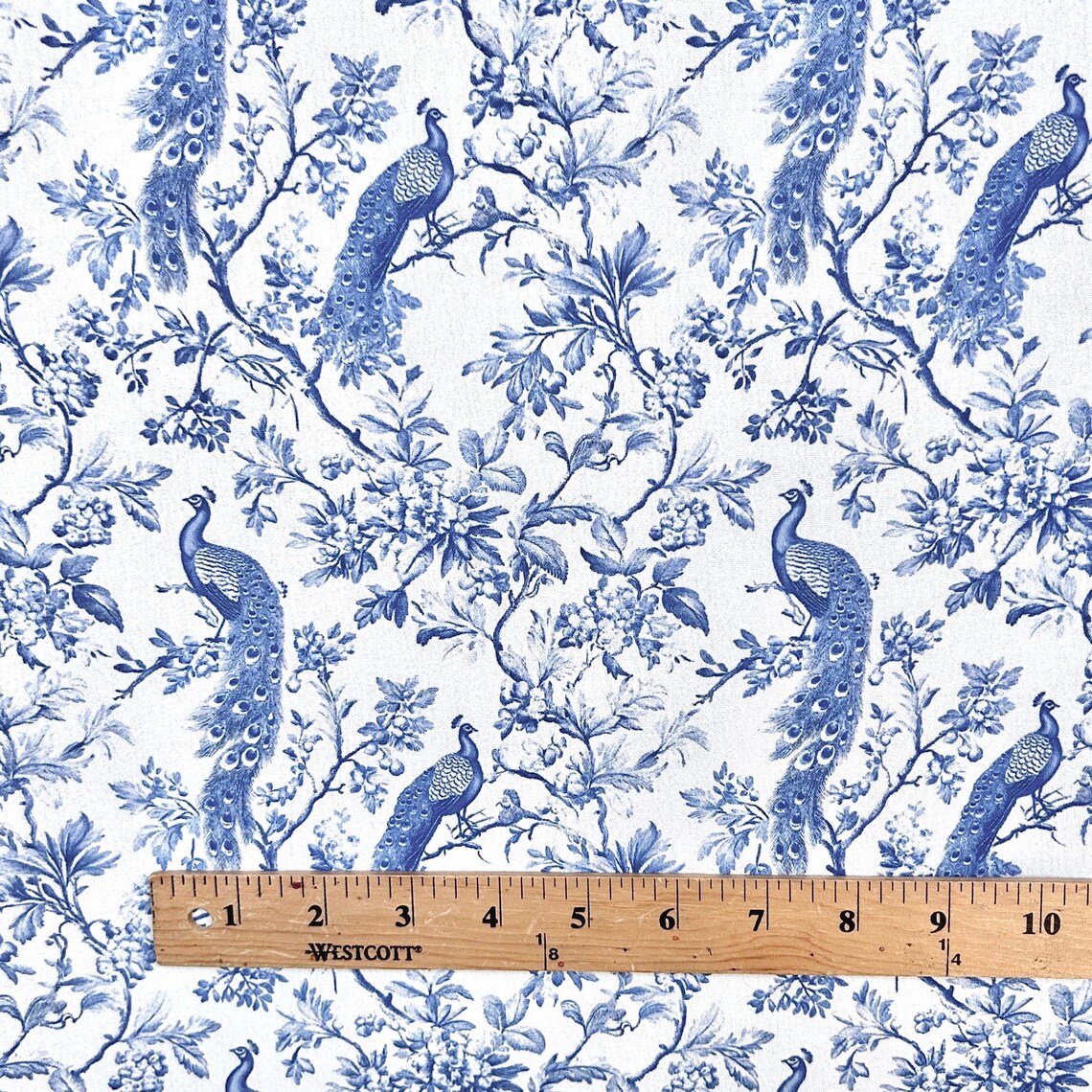 Blue Toile Fabric. French Style Toile Pattern, Leaves & Peacocks ...