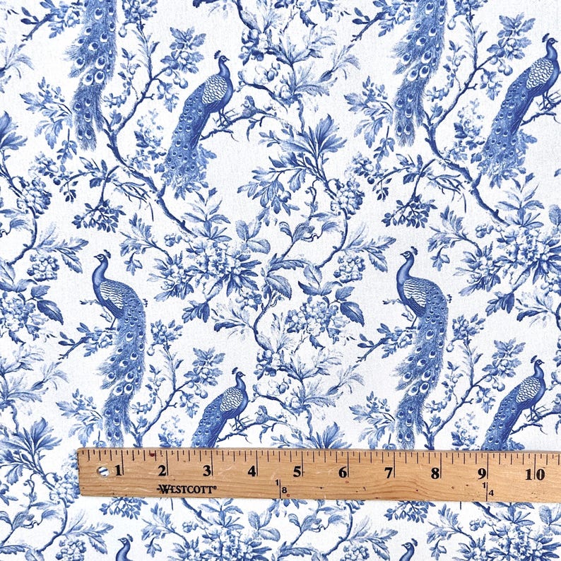 Blue Toile Fabric. French Style Toile Pattern, Leaves & Peacocks ...