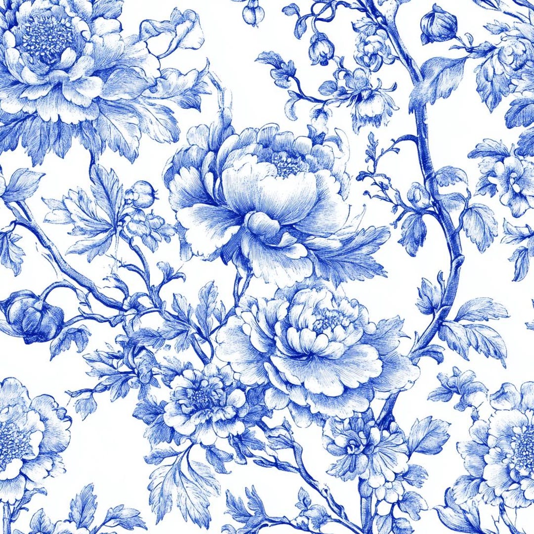 Blue Floral Toile Fabric – Vintage Botanical Pattern on White, Elegant ...