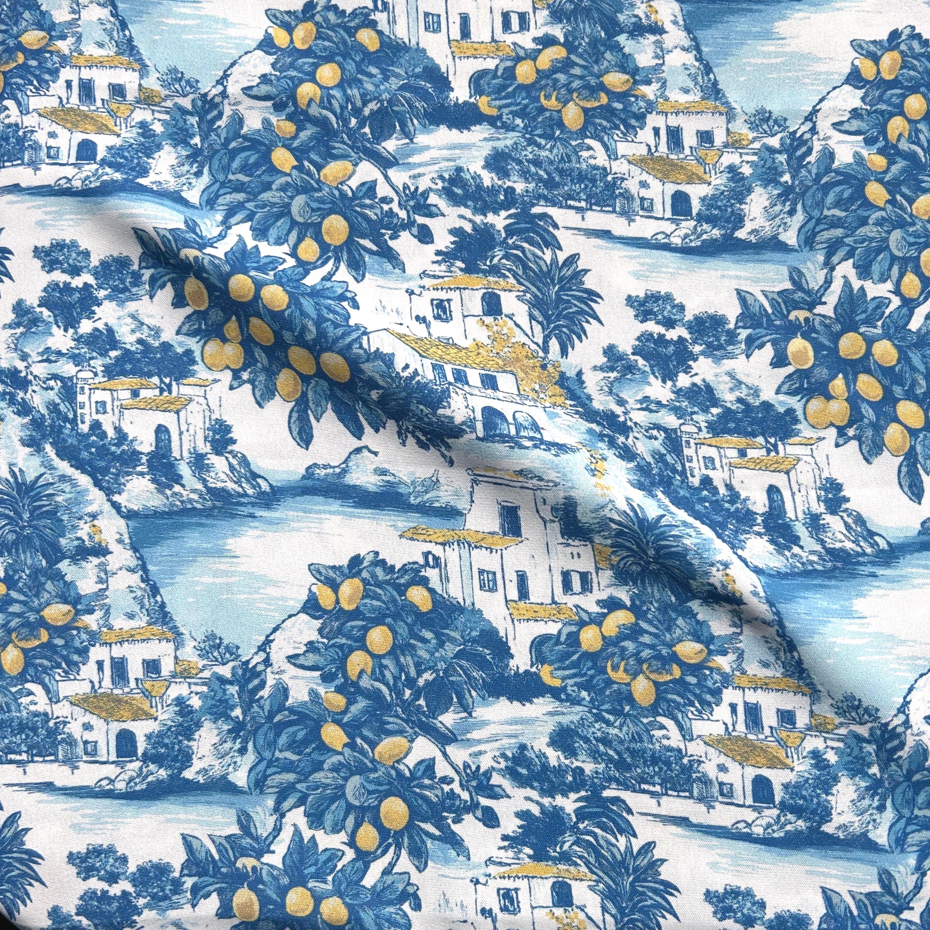 Mediterranean Lemon Grove Fabric – Scenic Coastal Village Pattern With ...