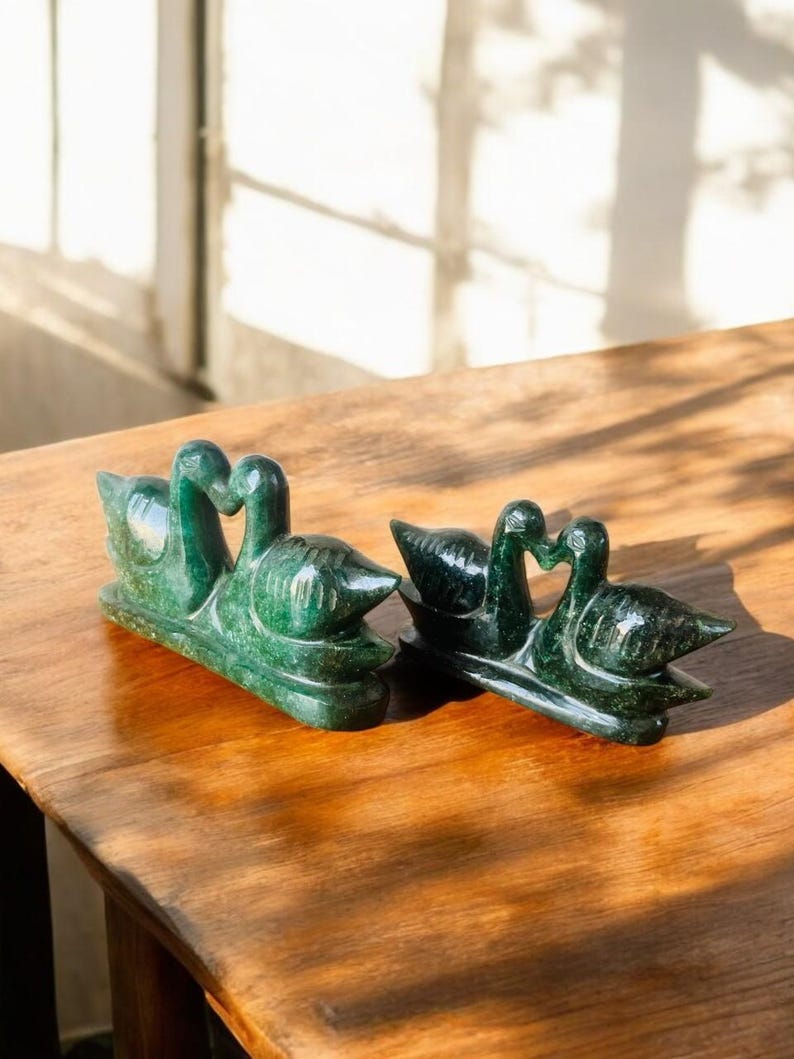 Natural Green Jade Duck Pair Handmade Green Jade Male & Female Mandarin Duck Pair Green Ducks ...