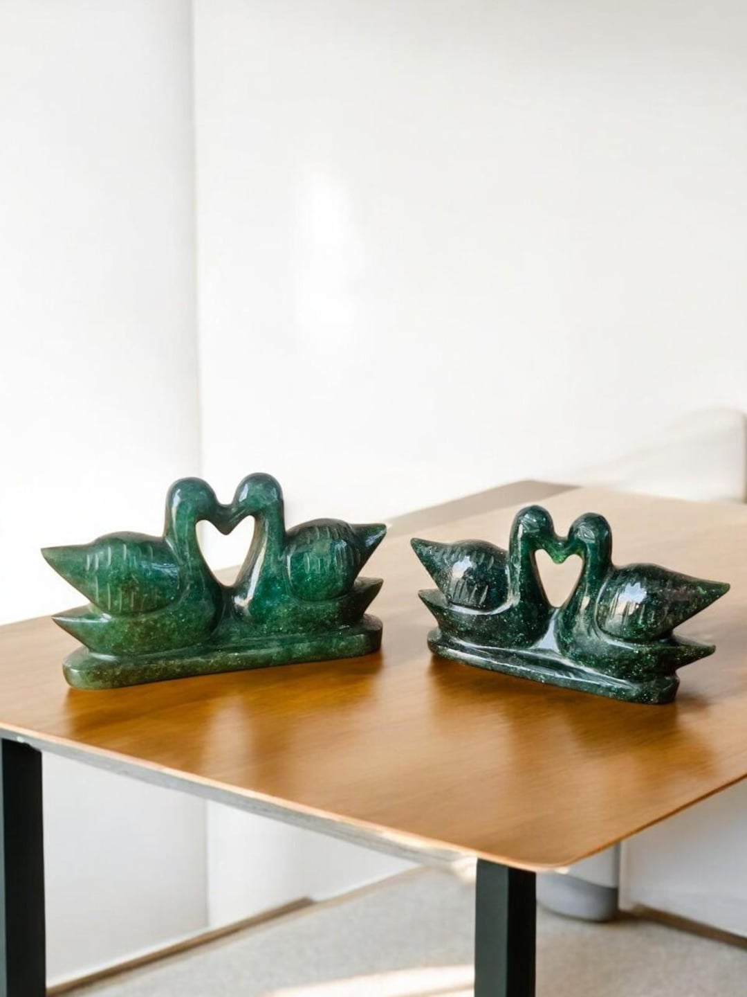 Natural Green Jade Duck Pair Handmade Green Jade Male & Female Mandarin Duck Pair Green Ducks ...