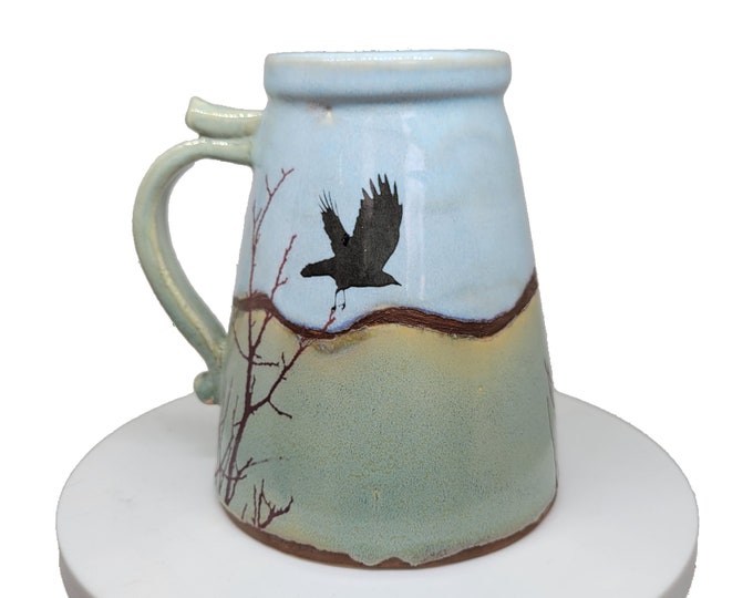 Crow Mug, Blue and Green Landscape Ceramic Stoneware 16 Oz Coffee Mug ...