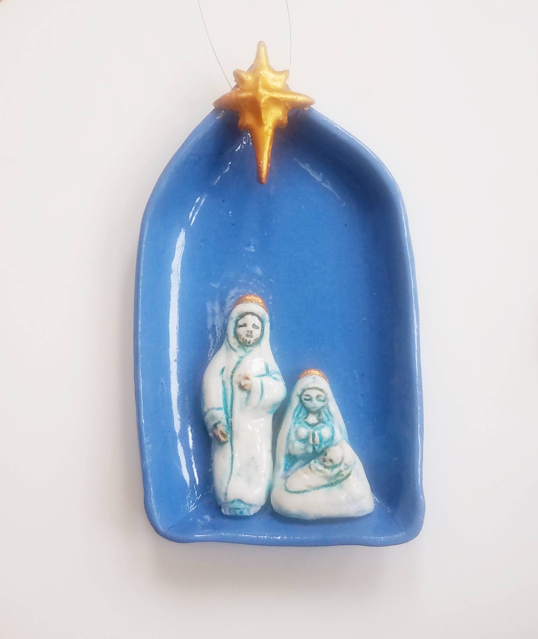 Pretty Blue Porcelain Miniature Nativity Ornament Holy Family Ceramic ...