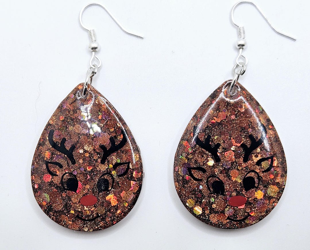 Sparkly Rudolph the Reindeer Earring Christmas Resin Glitter ...