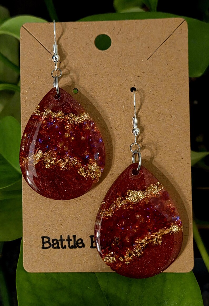Vibrant Red Teardrop Earring - Resin - Handcrafted - Gold Flakes - Etsy