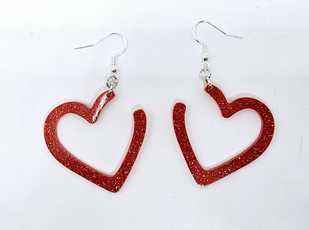 Shimmering Ruby Red Heart Earring Resin Handcrafted - Etsy