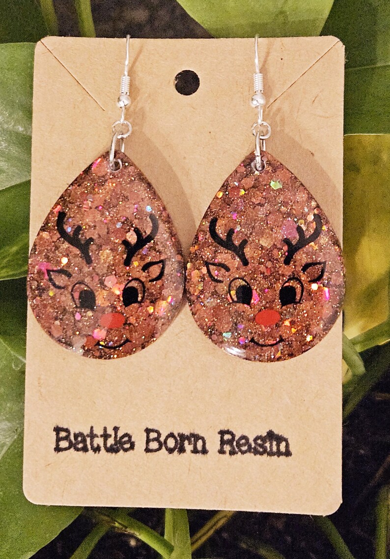 Sparkly Rudolph the Reindeer Earring Christmas Resin Glitter ...