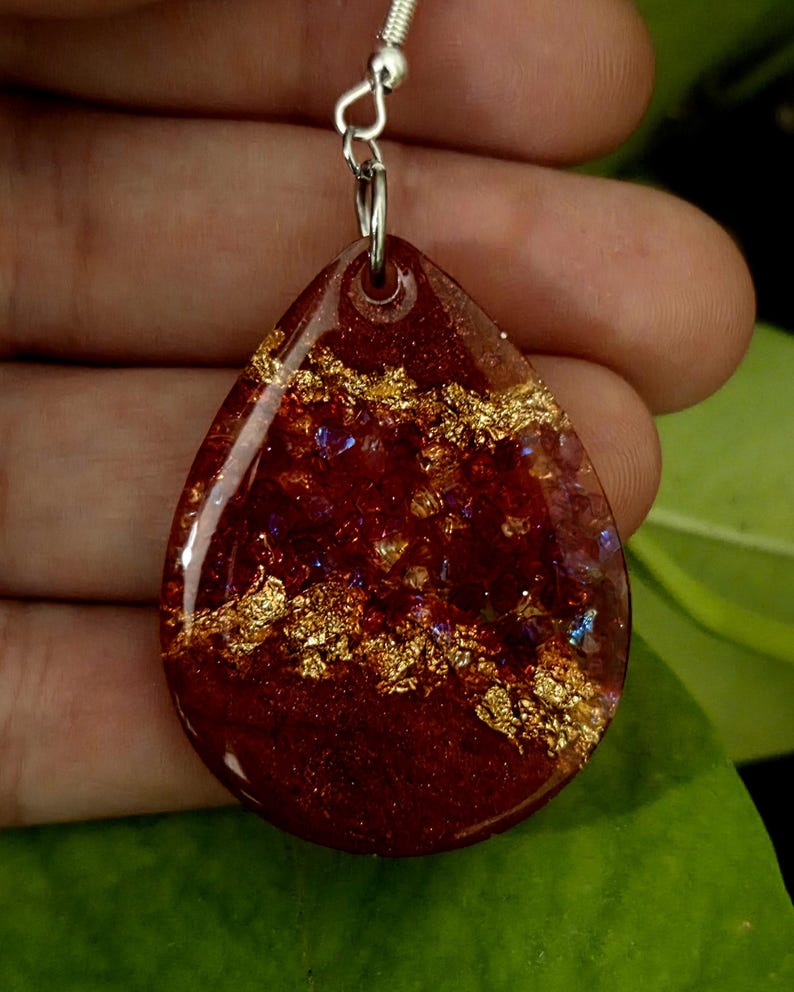 Vibrant Red Teardrop Earring - Resin - Handcrafted - Gold Flakes - Etsy