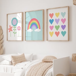 Wall Art for Girls Room Decor, Flowers Hearts Rainbow Art, Young Girl ...