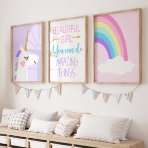 Girls Wall Art Unicorn Decor, Little Girl Room Decor, Pastel Rainbow ...