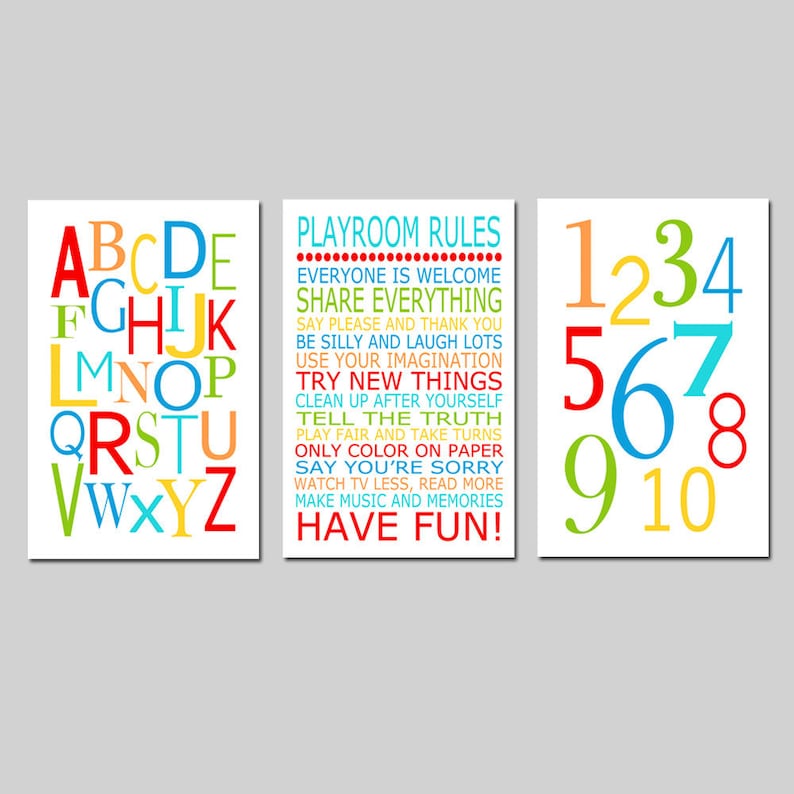 Playroom Rules Alphabet Numbers Set Kids Wall Art Trio Set - Etsy