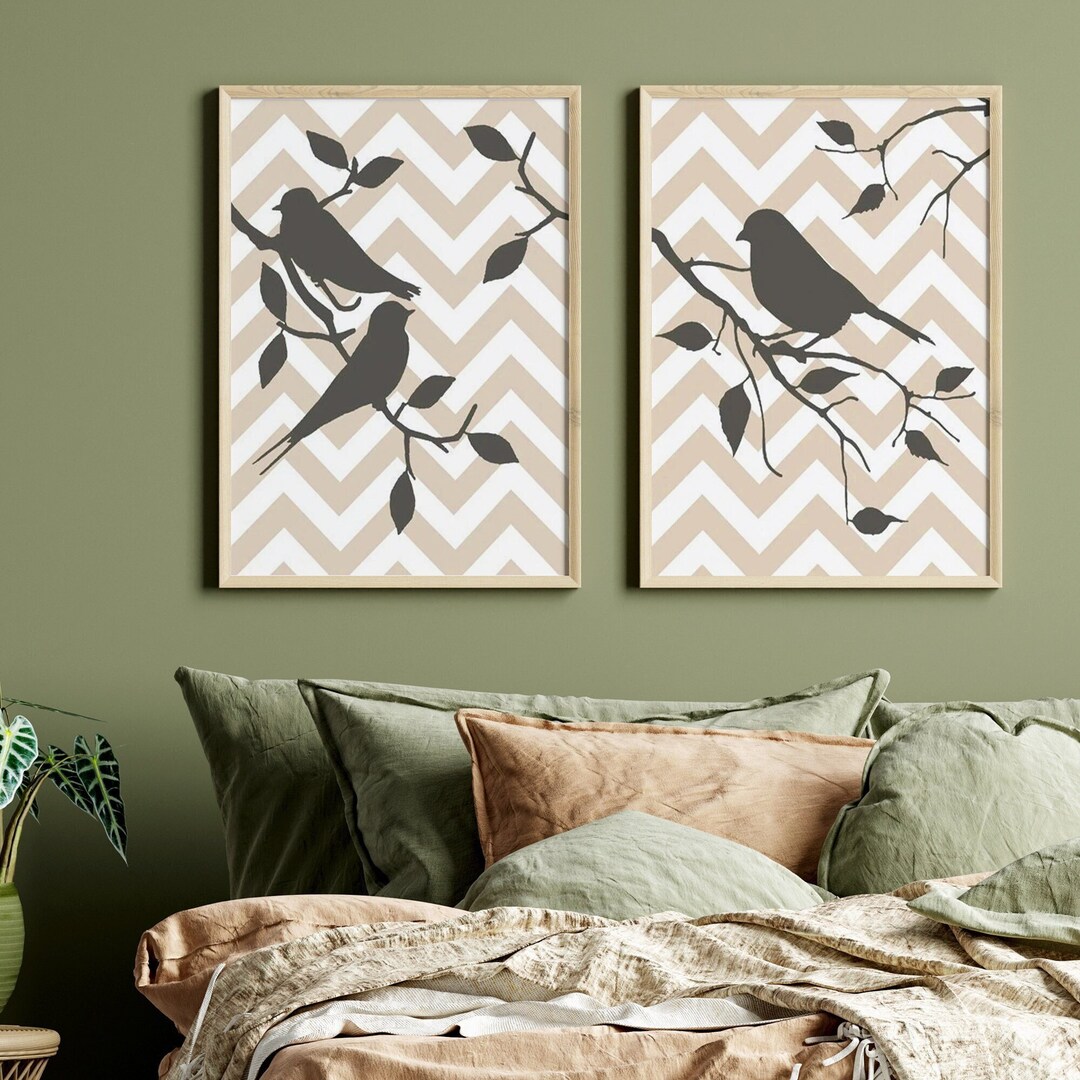 Chevron Bird Art Print Set, Bird Wall Art Set of 2 Prints or Canvas ...