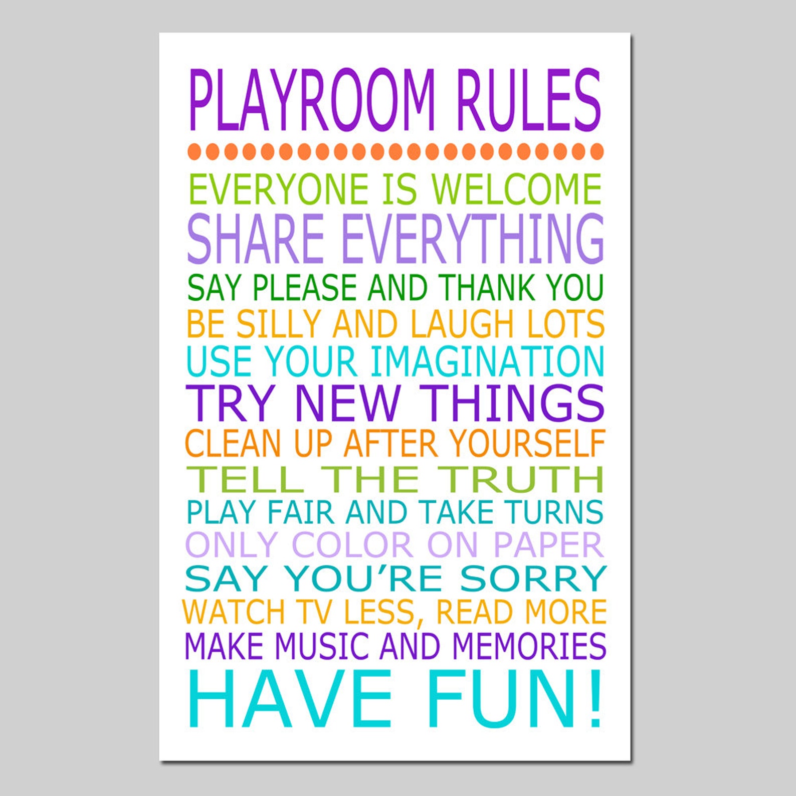 Playroom Rules - 13x19 Quote Print - Modern Nursery Childrens Decor ...