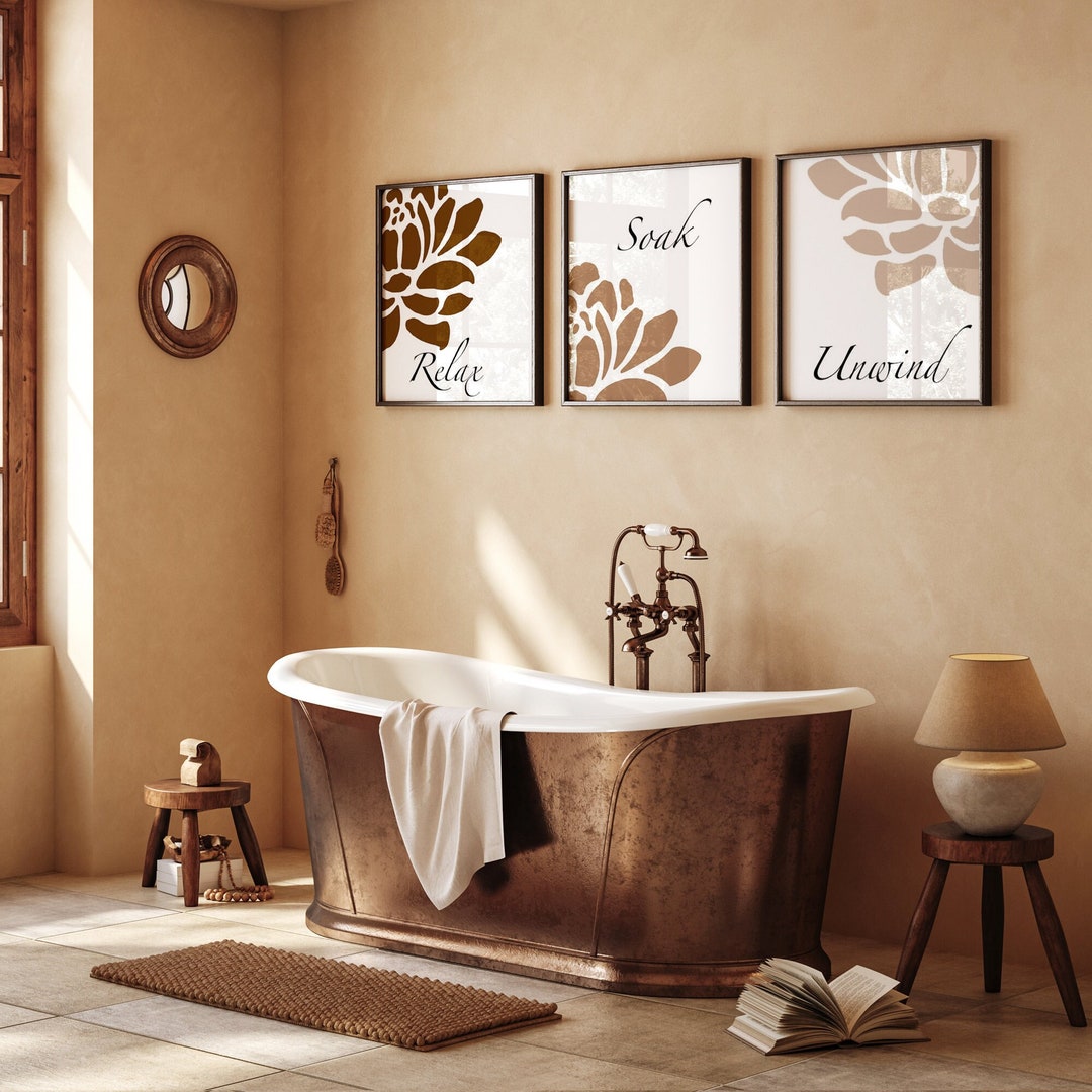 Floral Bathroom Art Relax Soak Unwind Flower Bathroom Art Set of Three ...