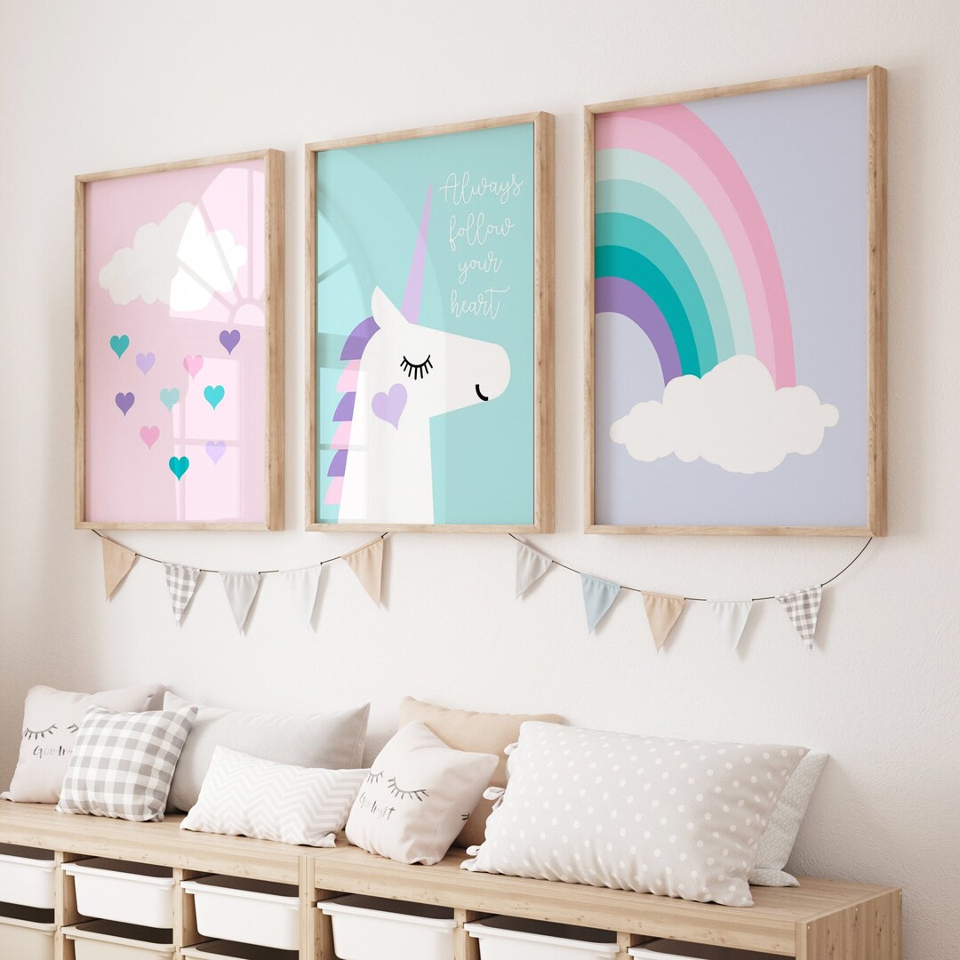 Unicorn Art for Girl Room Decor, Pastel Unicorn and Rainbow Decor ...
