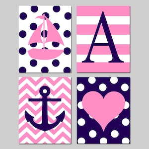Girl Nautical Art Girl Room, Pink and Navy Nursery Art Nautical Nursery ...