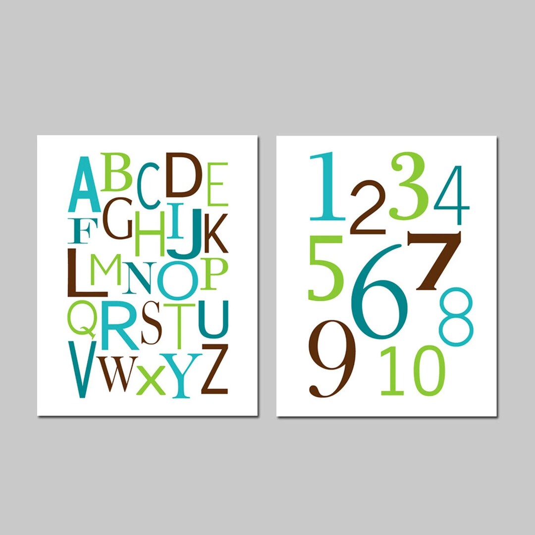 Nursery Art, Alphabet and Numbers, Set of Two 8x10 Prints, Abcs and ...