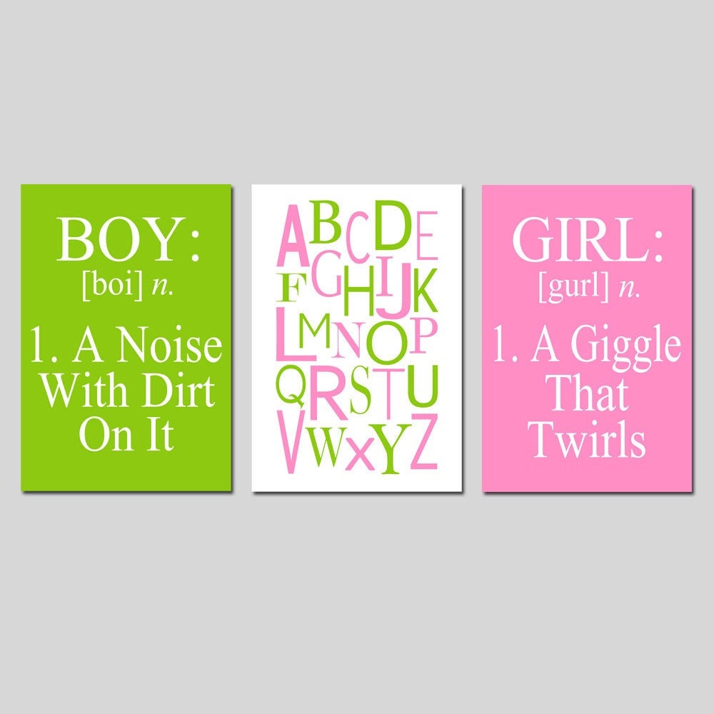 Boy Girl Alphabet Art Set of Three Playroom Prints or | Etsy