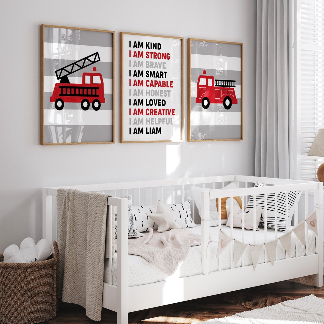Firetruck Wall Art, Positive Affirmations for Boys Room Decor, Fire ...