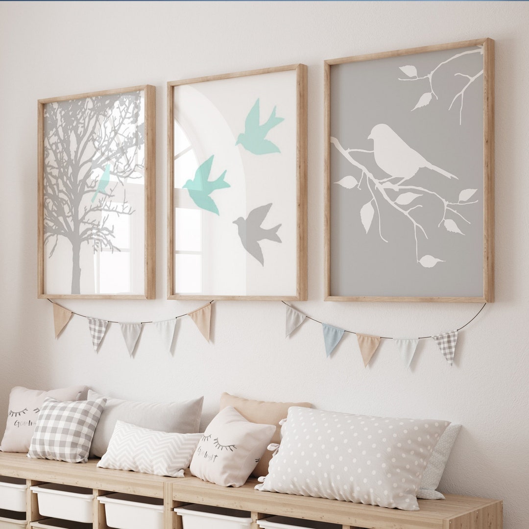 Mint Nursery Decor Mint and Gray Nursery Art Prints - Set of 3 Birds ...