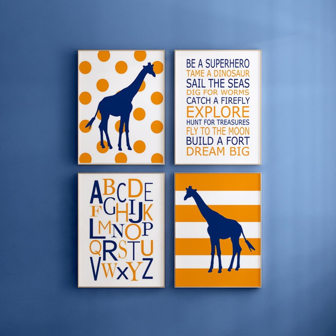 GIRAFFE Nursery Art Giraffe Nursery Decor Navy and Orange Nursery Art ...
