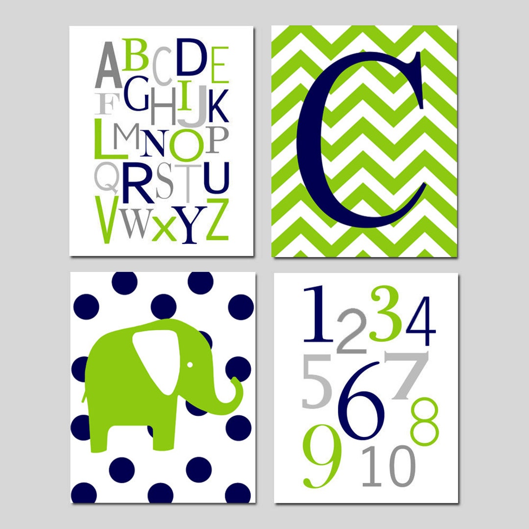 Navy Blue Lime Green Nursery Art Chevron Initial Alphabet - Etsy