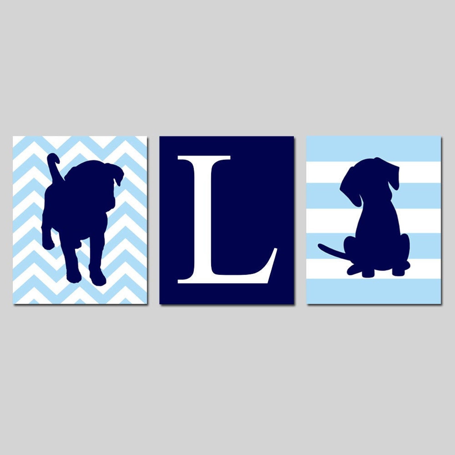 Puppy Dog Nursery Decor Trio, Chevron Puppy Art, Initial, Stripe Puppy ...