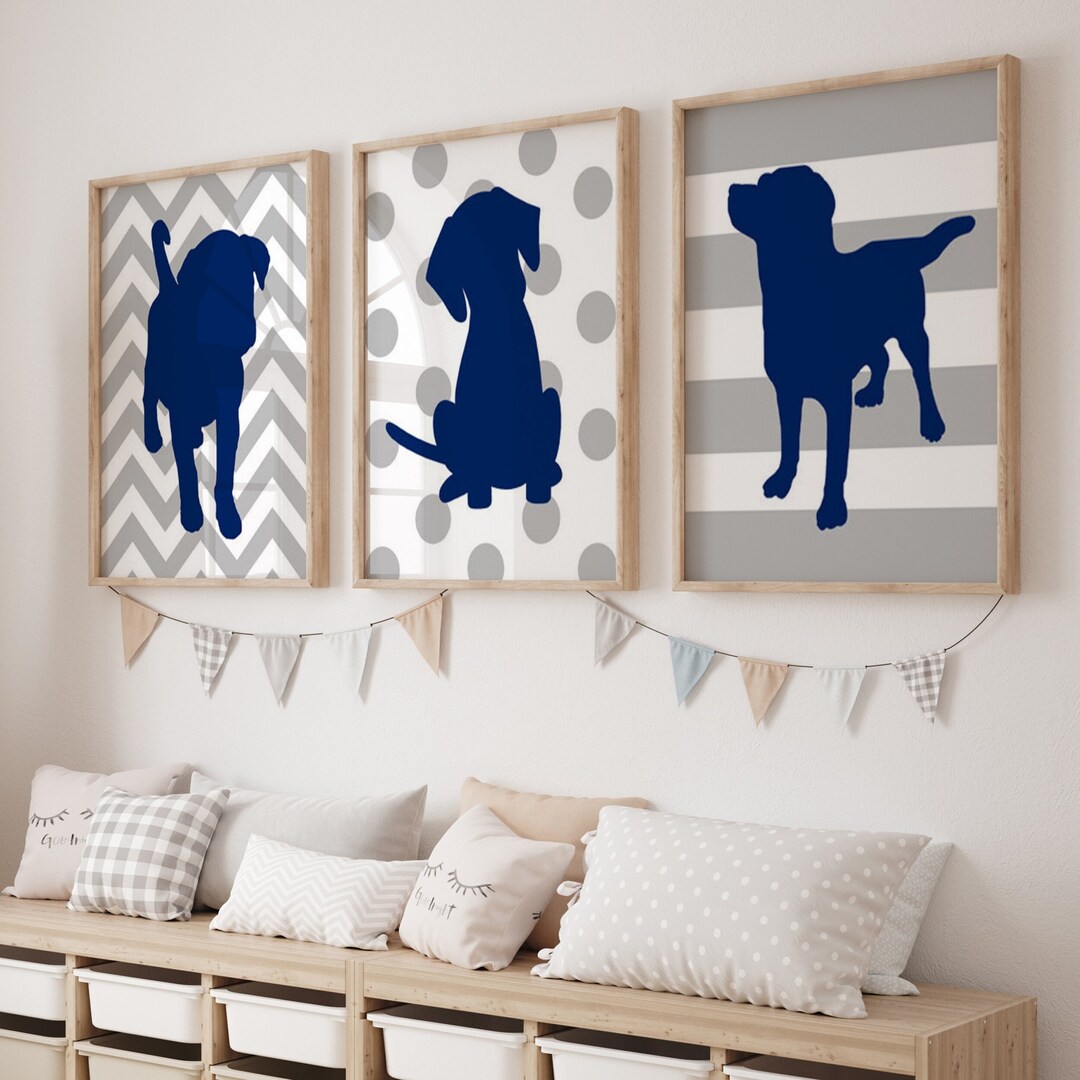 Navy Grey Nursery Decor Puppy Dog Nursery Art Set of 3 Prints Baby Boy ...