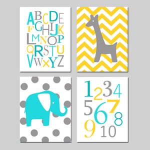 Aqua Yellow Gray Nursery Art - Alphabet Numbers, Chevron Giraffe, Polka ...