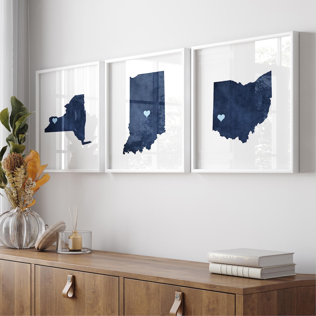 3 State Prints, State Wall Art, States Map Art, Set of Three State ...