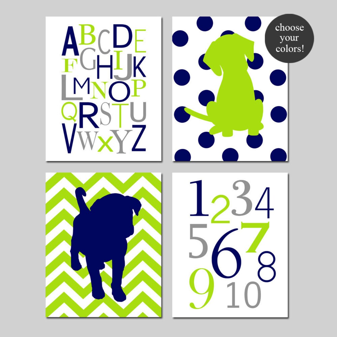 Baby Boy Puppy Nursery Art - Alphabet Numbers, Chevron Puppy and Polka ...