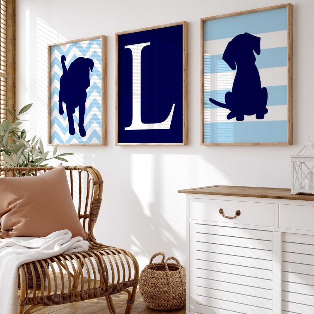 Puppy Dog Nursery Decor Trio, Chevron Puppy Art, Initial, Stripe Puppy ...