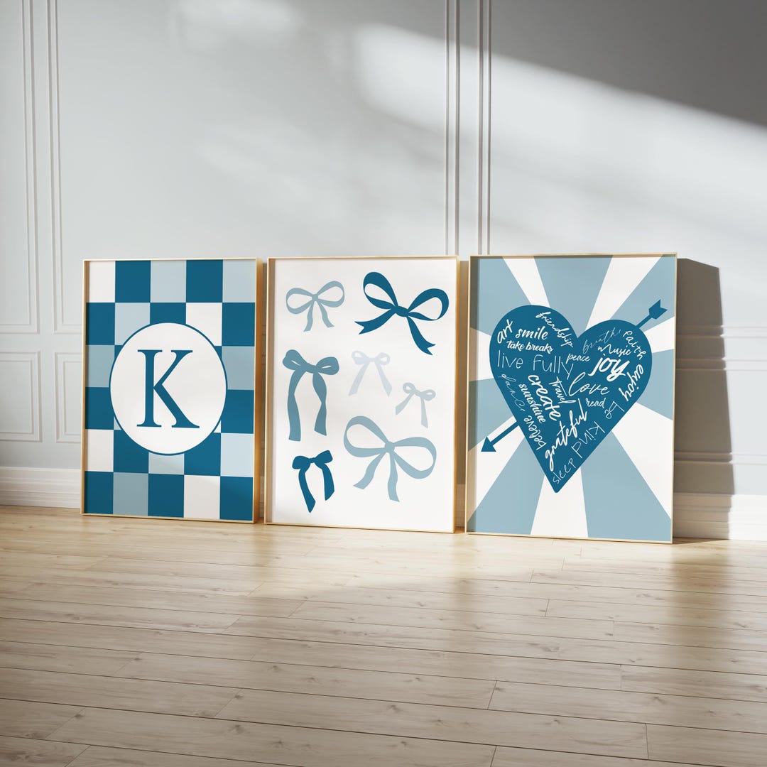 Preppy Wall Art, Tween Girl Room Decor Blue, Coquette Bow Print, Set of ...
