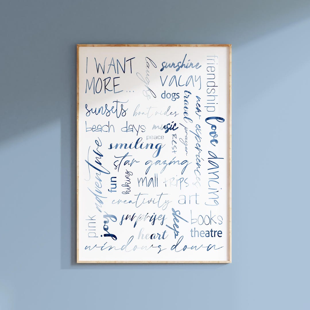 Teen Girl Wall Art Blue, I Want More Quote Poster for Girls Bedroom ...