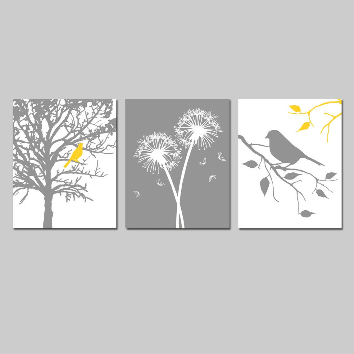 Yellow Gray Wall Art - Bird Tree Art - Nature Art - Dandelion Art ...