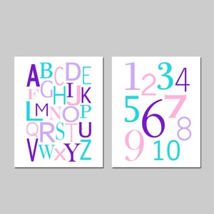 Nursery Art, Alphabet and Numbers, Set of Two 8x10 Prints, Abcs and ...
